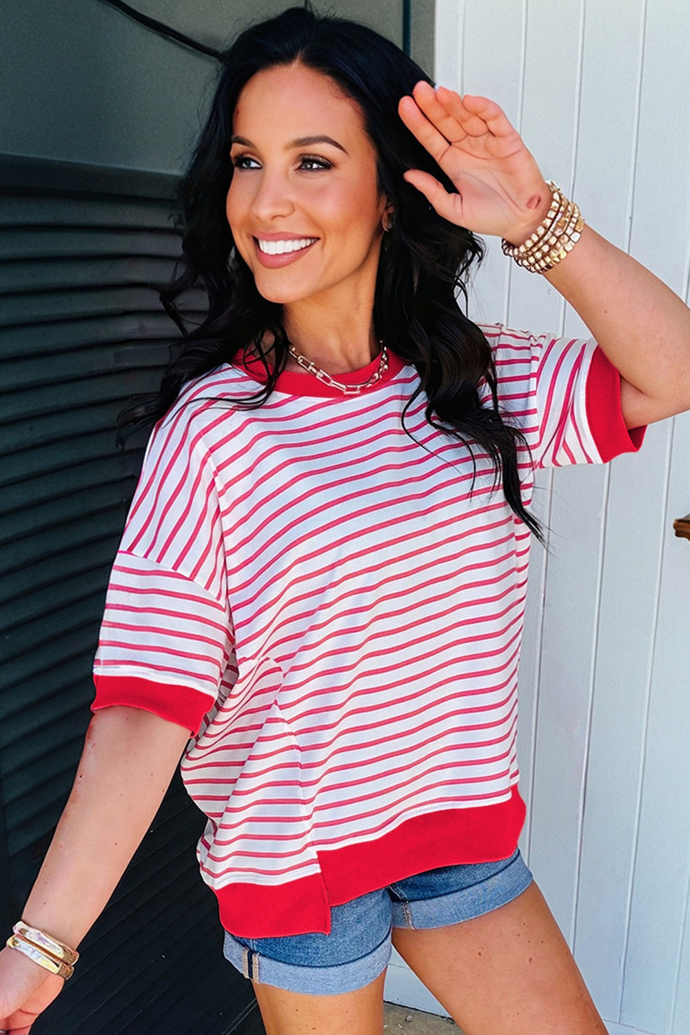 Red Stripe Drop Shoulder Half Sleeve Top – Lavendar Lane Clothing