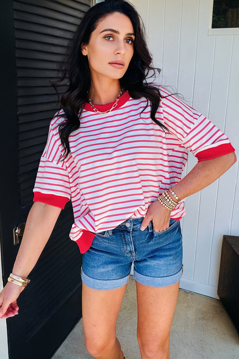 Red Stripe Drop Shoulder Half Sleeve Top – Lavendar Lane Clothing