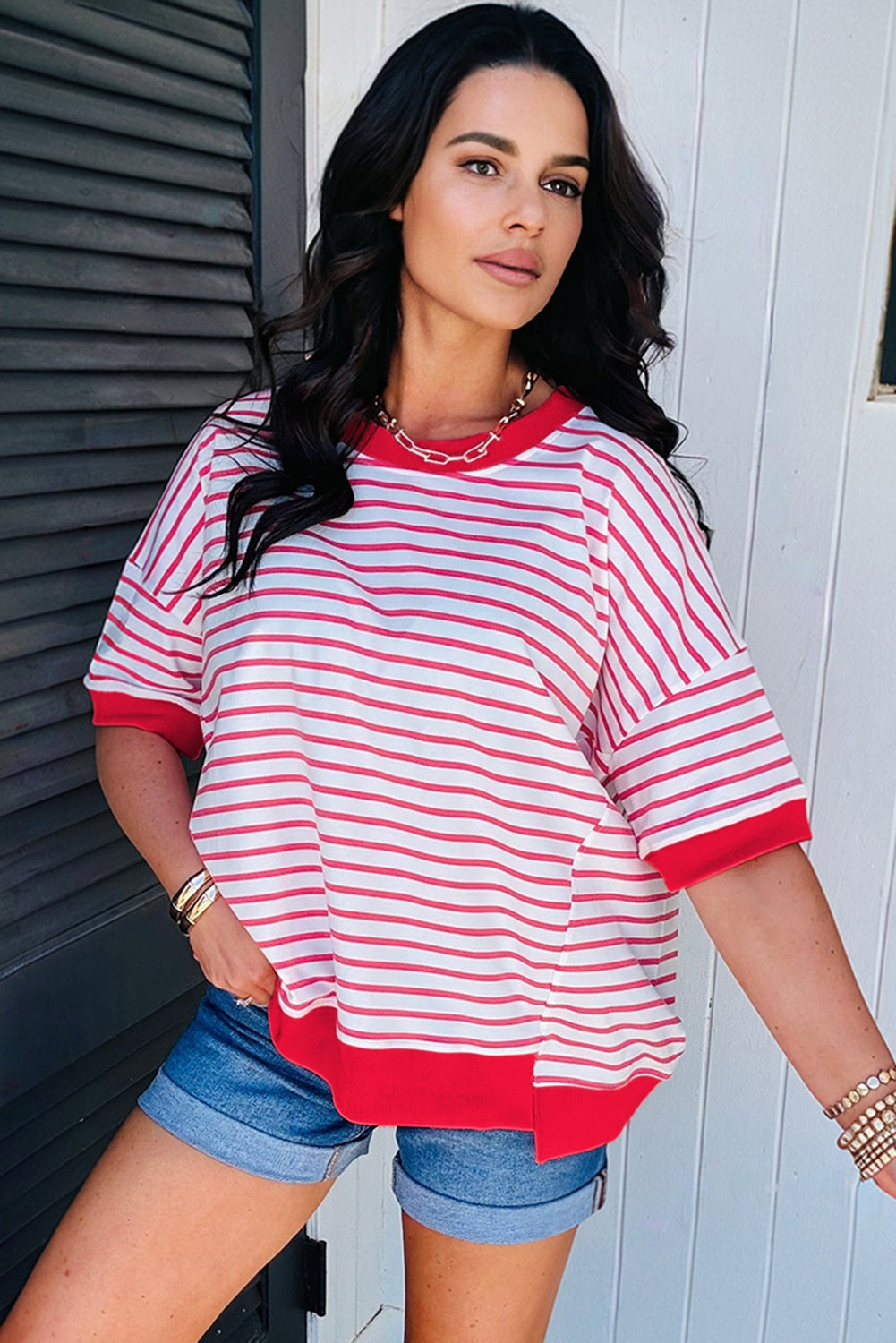 Red Stripe Drop Shoulder Half Sleeve Top – Lavendar Lane Clothing