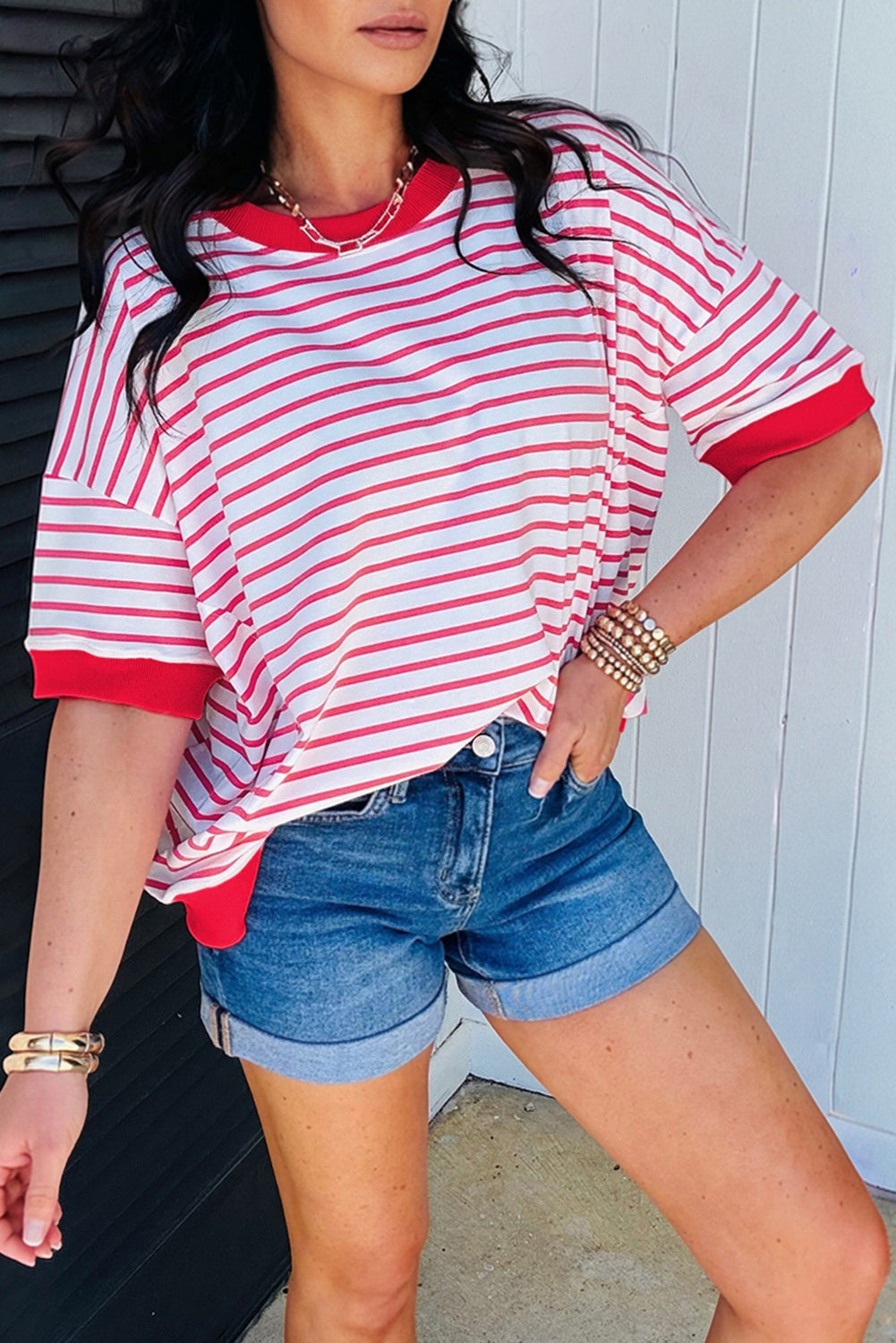 Red Stripe Drop Shoulder Half Sleeve Top – Lavendar Lane Clothing